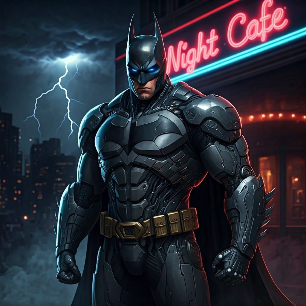 Cyborg Batman in Dark, Gritty Cyberpunk Night Cafe - AI Art