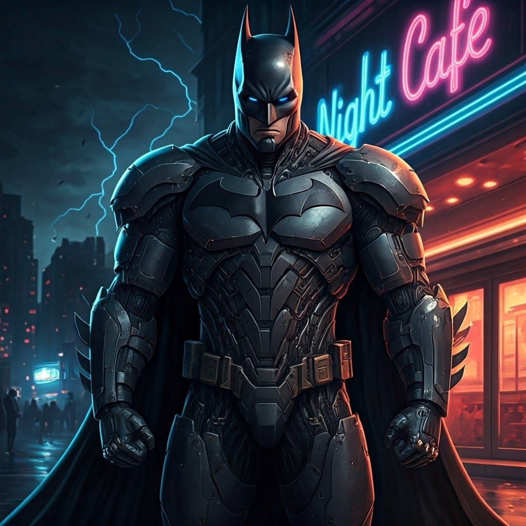 Dark Cyberpunk Batman Stands Before Retro-Futurist... - AI Art