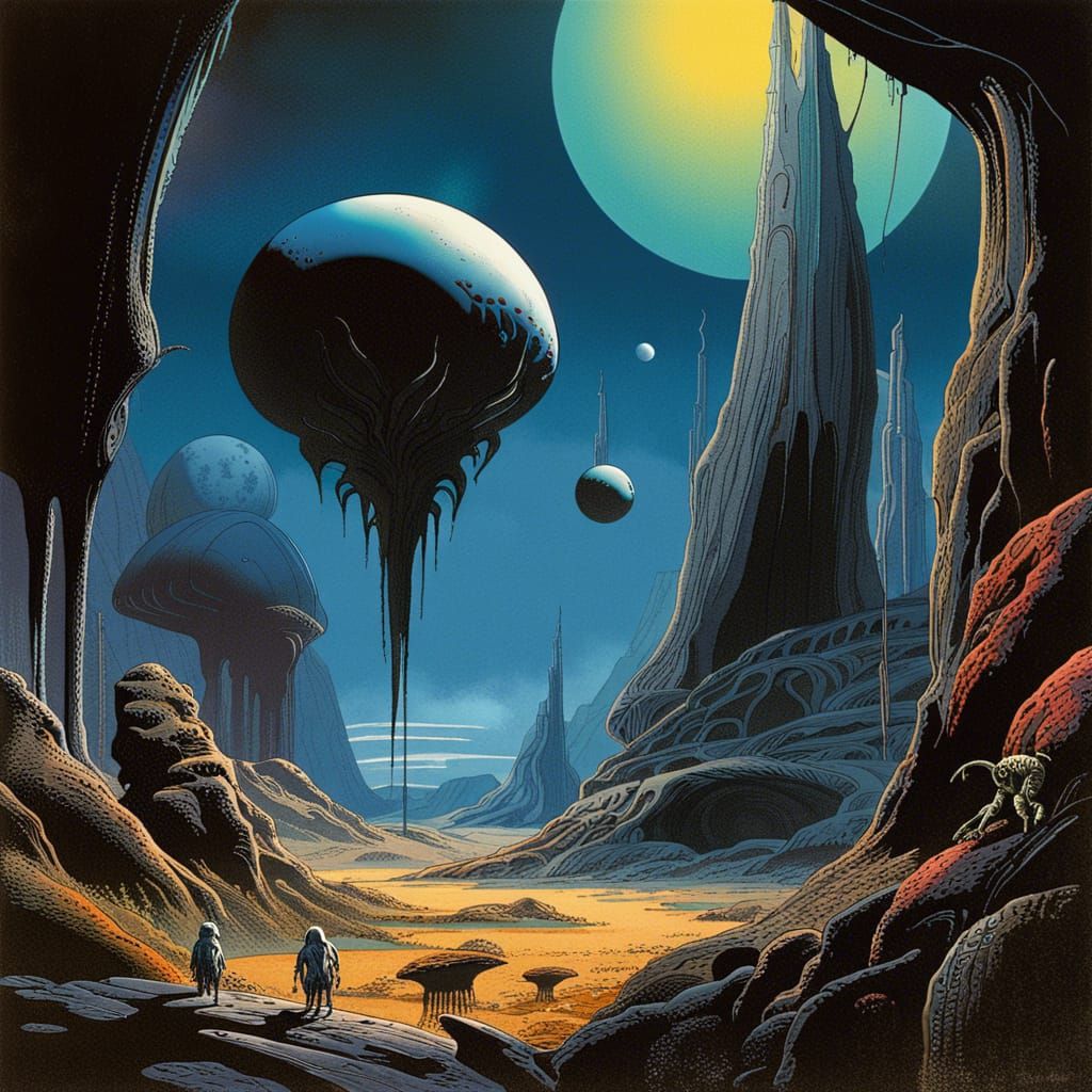 70s album art, roger dean, alien world, heavy shadows, flying creature ...