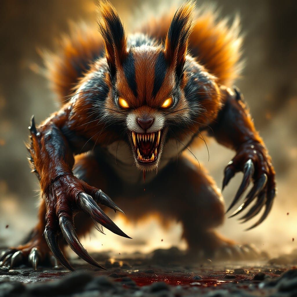 Ferocious mutant squirrel with massive protruding fangs and long ...