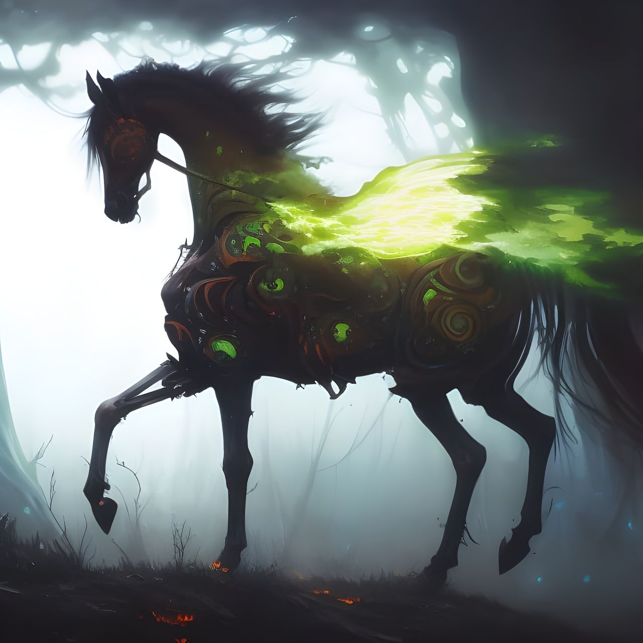 evil burning skeletal horse with haunted green swirling souls, fire ...