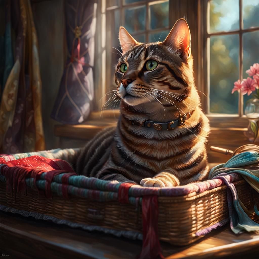 tabby cat in a basket - AI Generated Artwork - NightCafe Creator