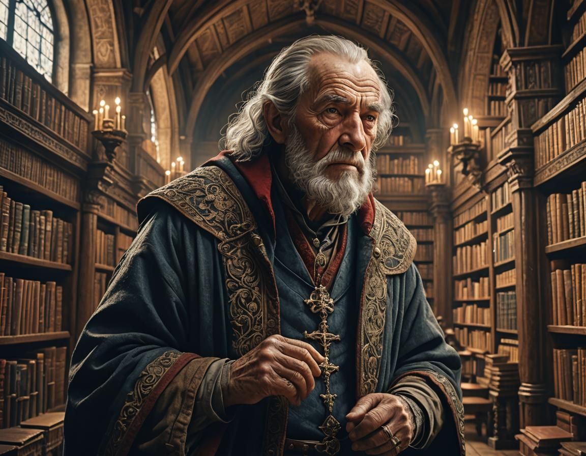 Old man in a fantastic Medieval library - AI Generated Artwork ...