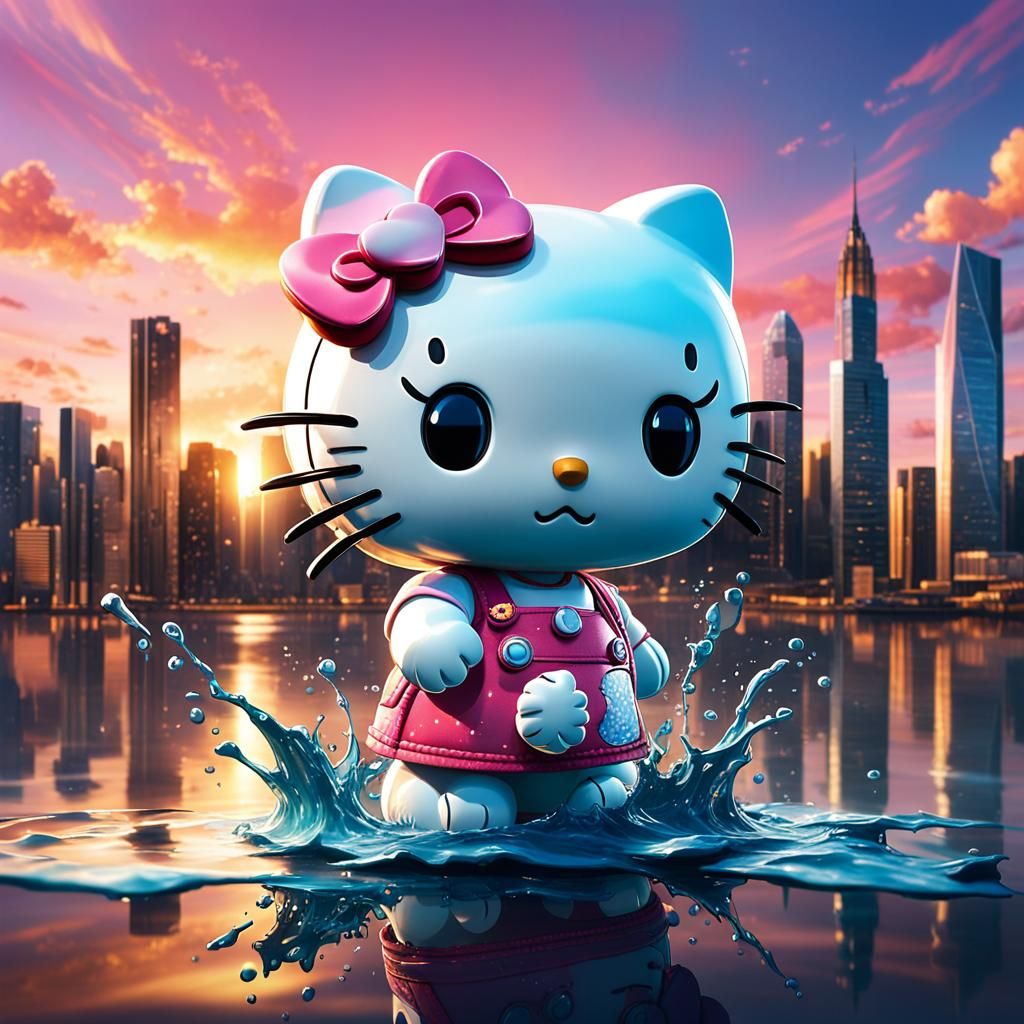 City skyline across the water at sunset Hello Kitty - AI Generated ...