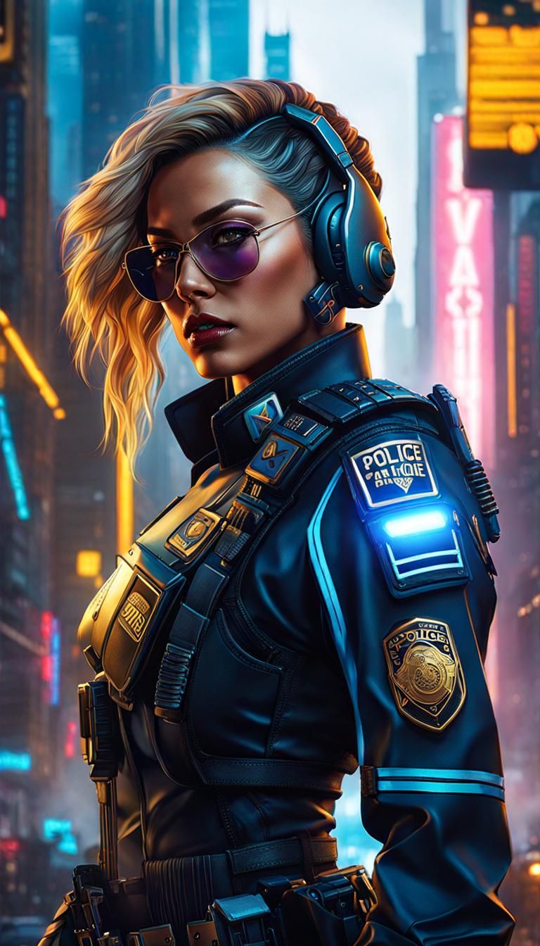 cyberpunk woman, female, police officer, golden, cyborg, Hyperrealistic ...