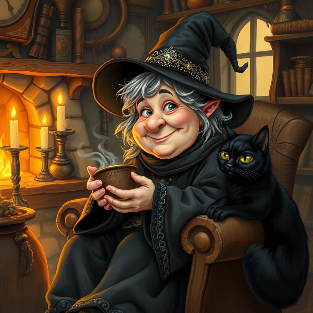 Warmth of a Whimsical Witch's Cottage in Golden Hu... - AI Art