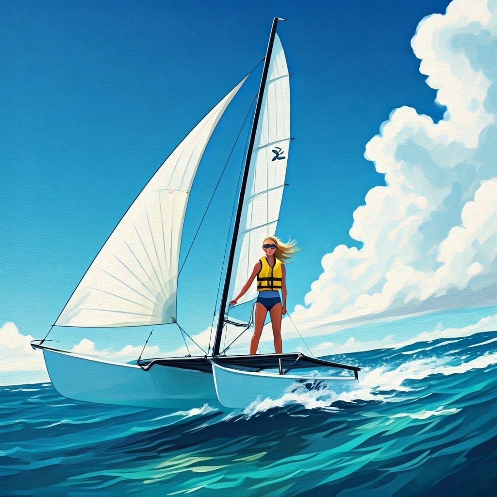 Hobie cat sailboat with blonde at the helm.