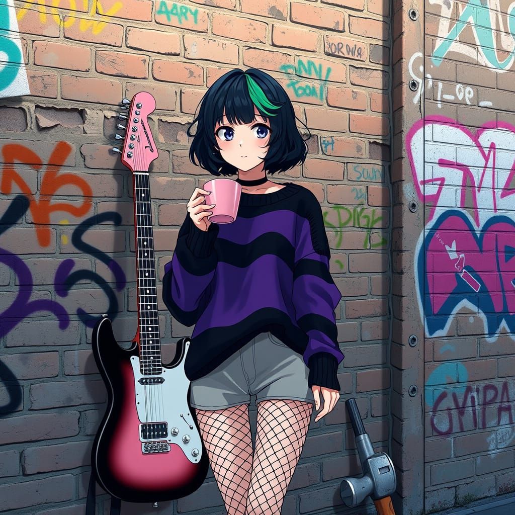 Emo Girl in Whimsical Urban Setting - AI Art