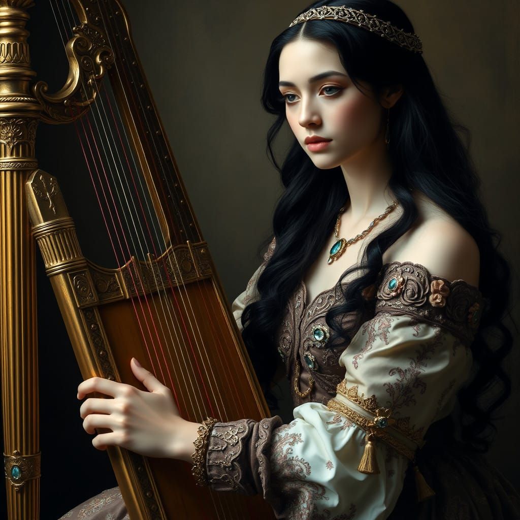 Regal Renaissance Woman Plays Antique Harp in Gold... - AI Art