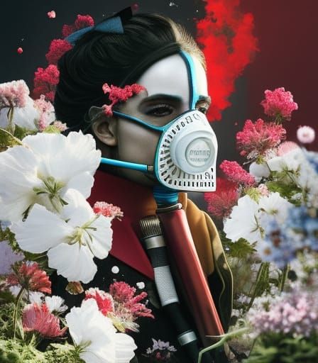 ""Alice in Wonderland wearing a gas mask with flowers!!! Red background ...