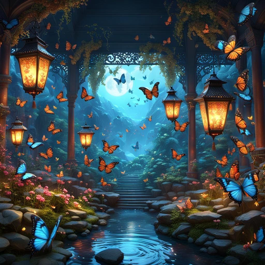 realistic, glorious colorful, butterflies, in a sanctuary, lanterns ...