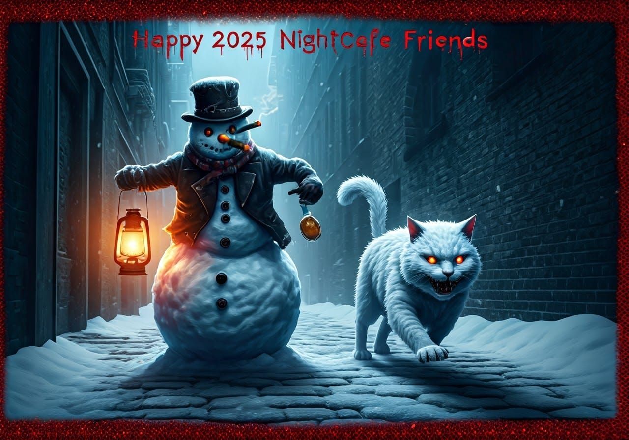 Snowman and Snow Cat Flee into the Frosty Night in... - AI Art