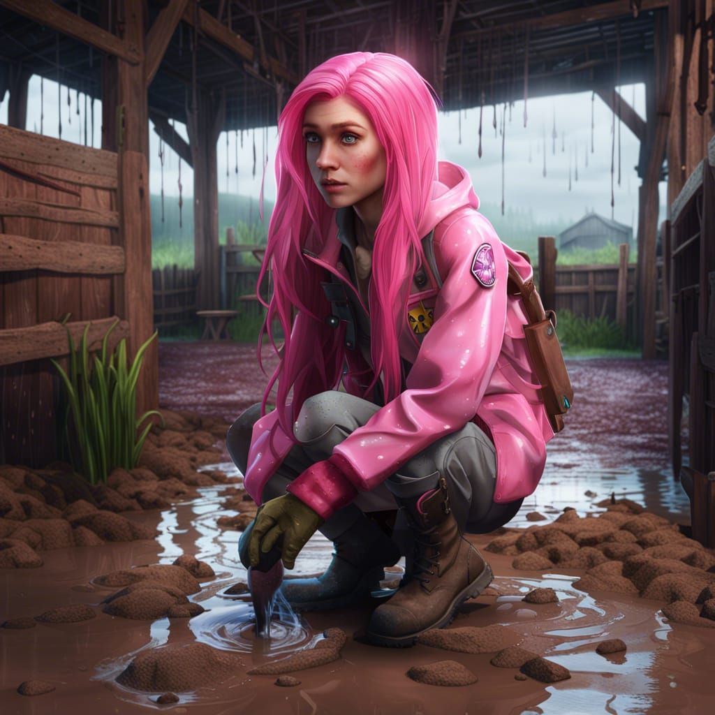 Fluttershy, a human girl with long pink hair. It's raining heavily and ...