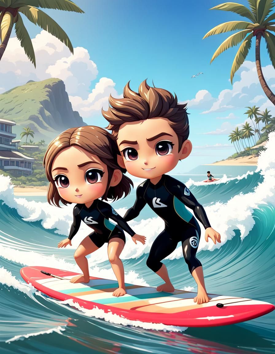 Chibi Boy and Girl work as Surfer Athlete Players surfing through the ...