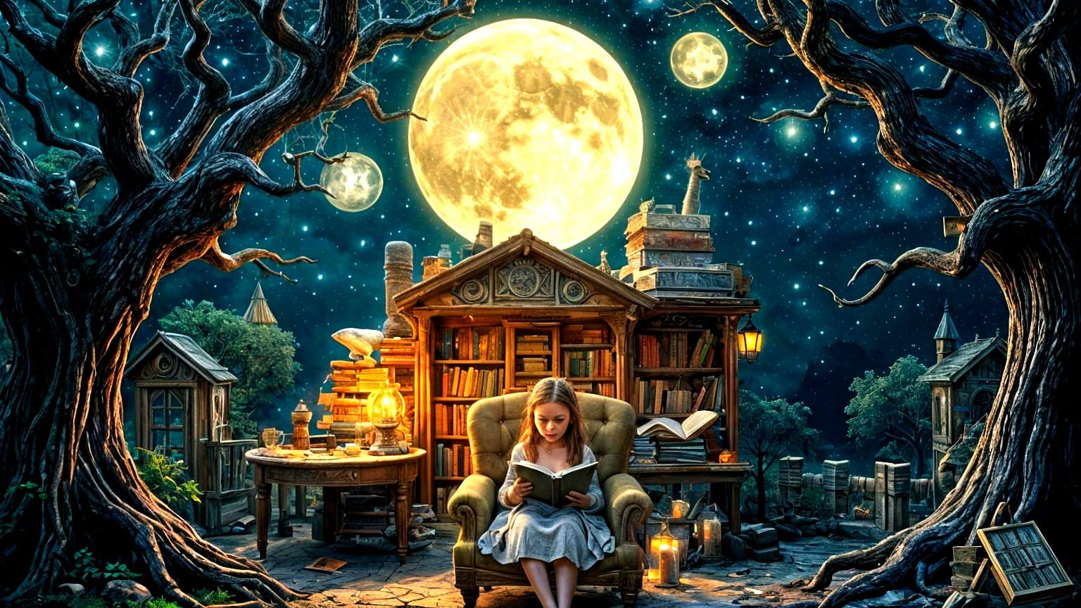 Whimsical Moonlit Bookstore Scene in Surrealist St... - AI Art