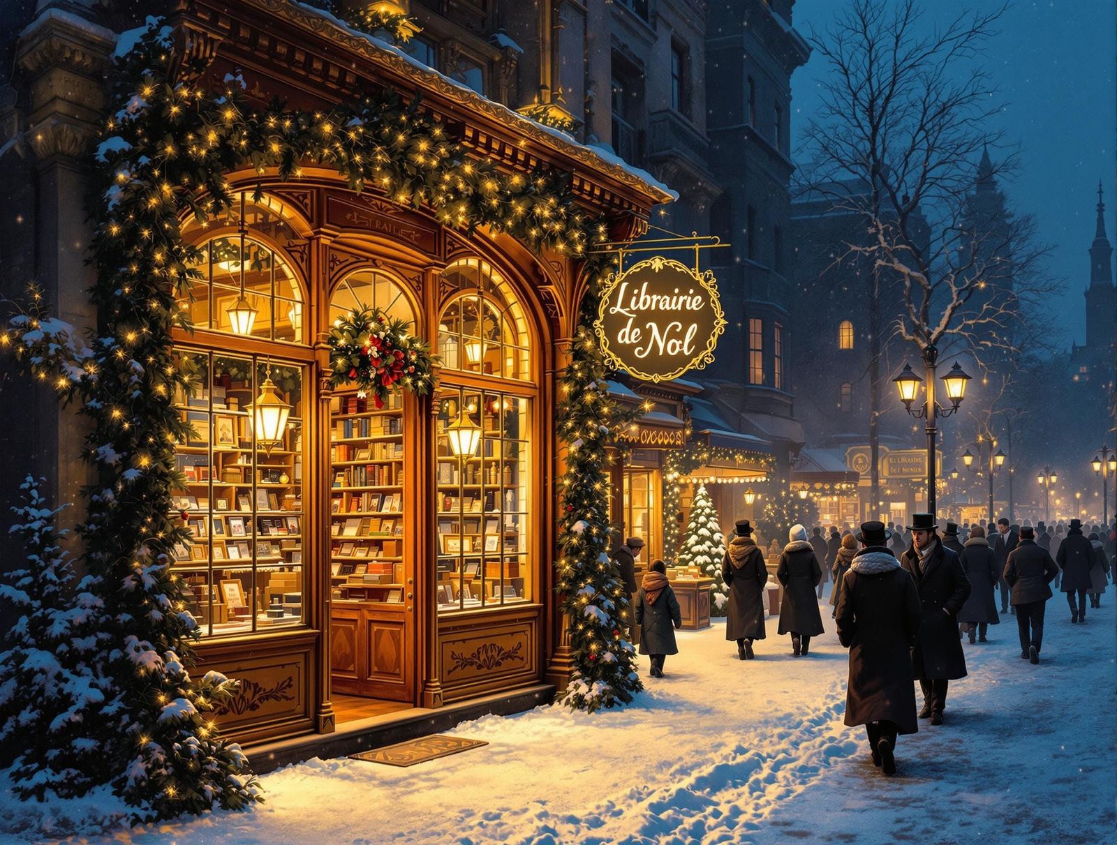 Librairie de Noël - Vintage Christmas Bookstore Scene in Imp...