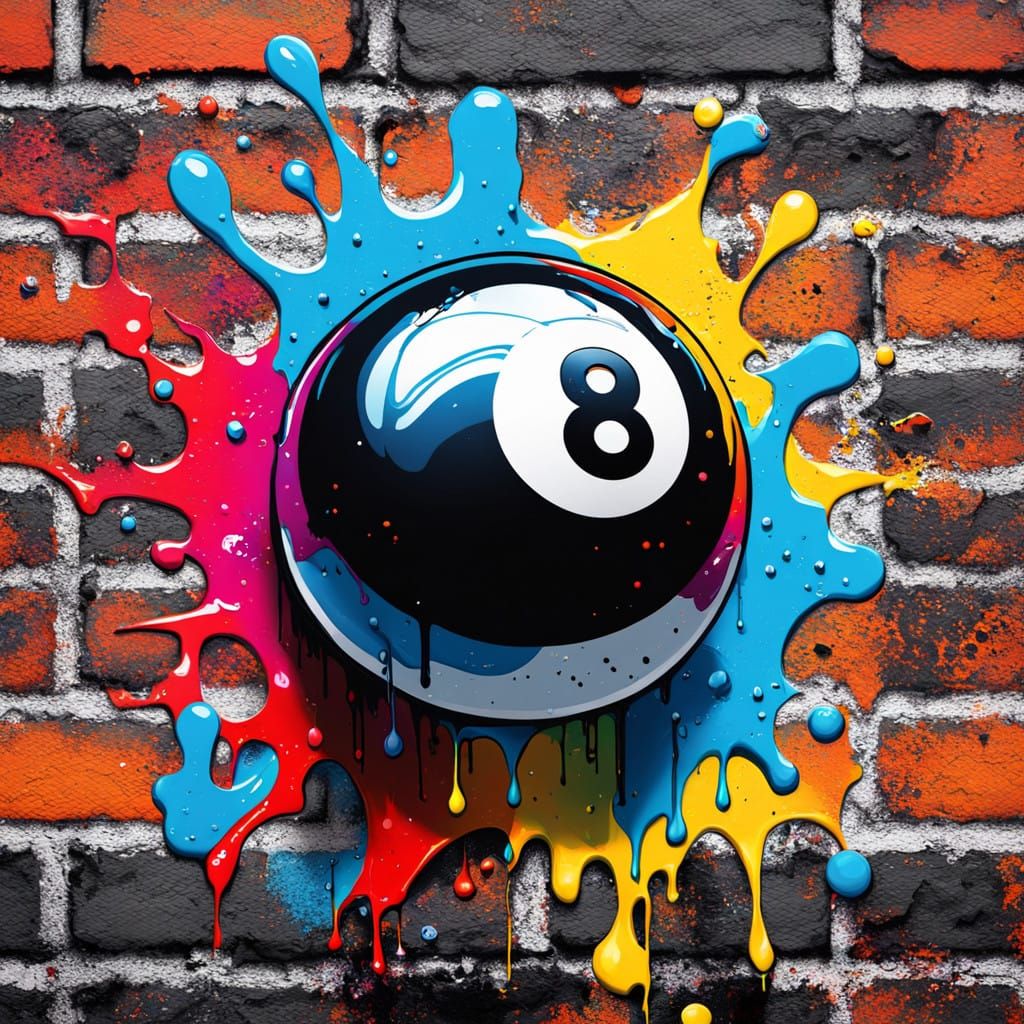 Vibrant 8 Ball Graffiti on Brick Wall - AI Art