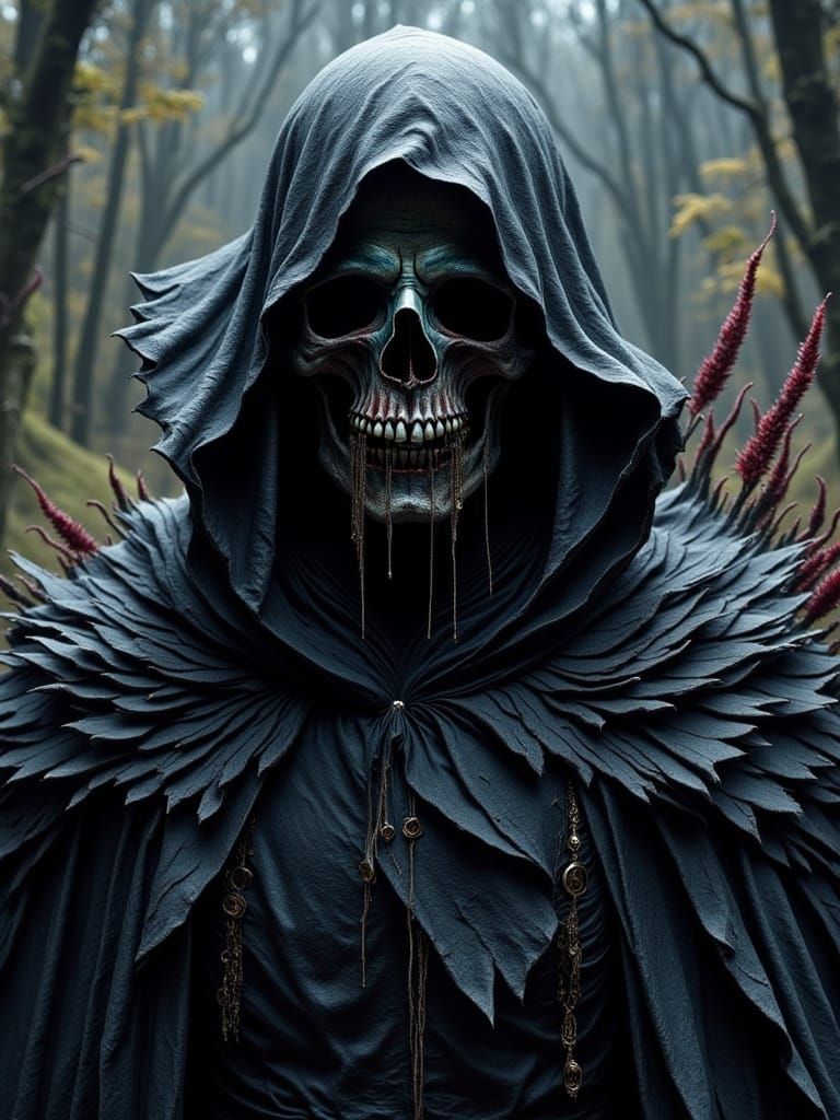 Massive figure from light to shadowed plume, grand lord of death ...