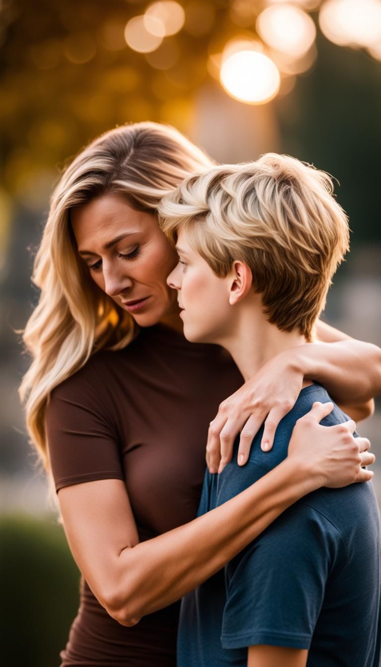 Well-endowed blonde woman smooth body, hugging her brown hair teenager ...