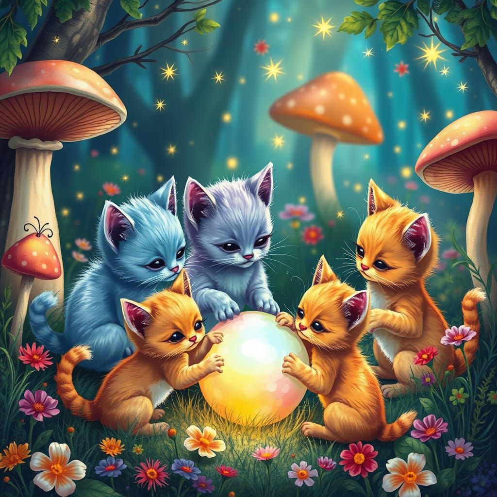 Fantasy Feline Friends Play in Whimsical Forest Wo... - AI Art