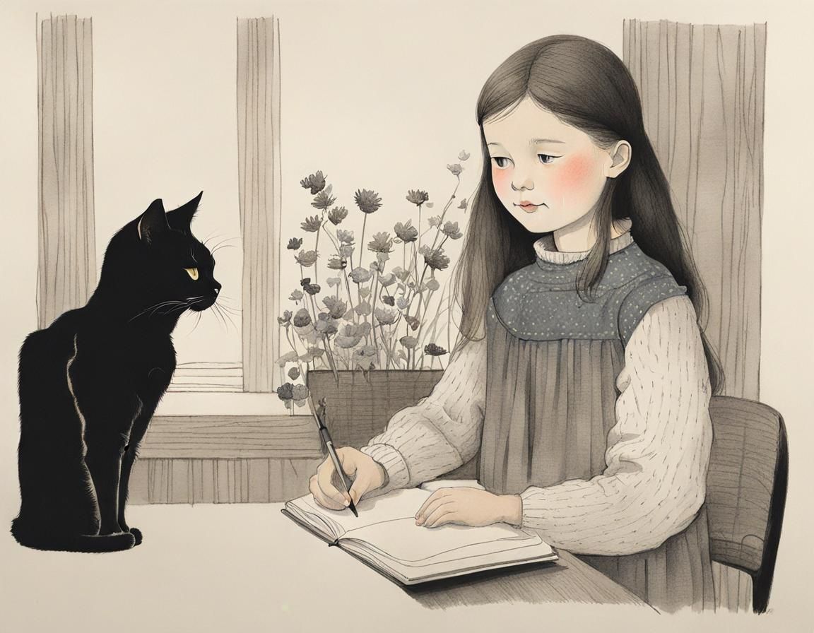 Girl, cat, and homework - AI Generated Artwork - NightCafe Creator