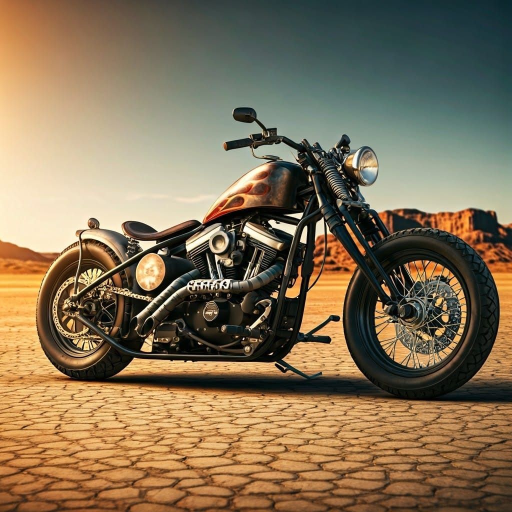 Desert landscape: A sleek, rugged chopper motorbike