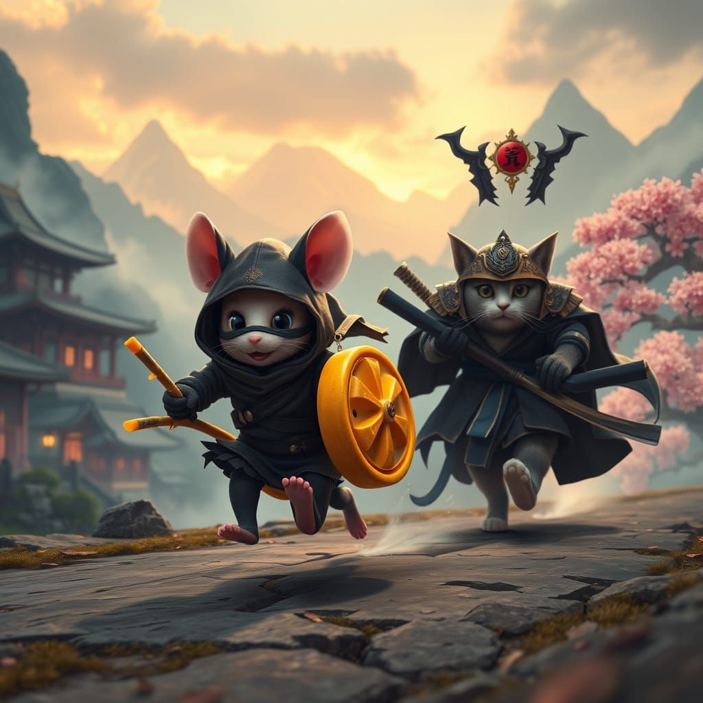 Ninja Mouse Chases Samurai Cat in Whimsical Japane... - AI Art
