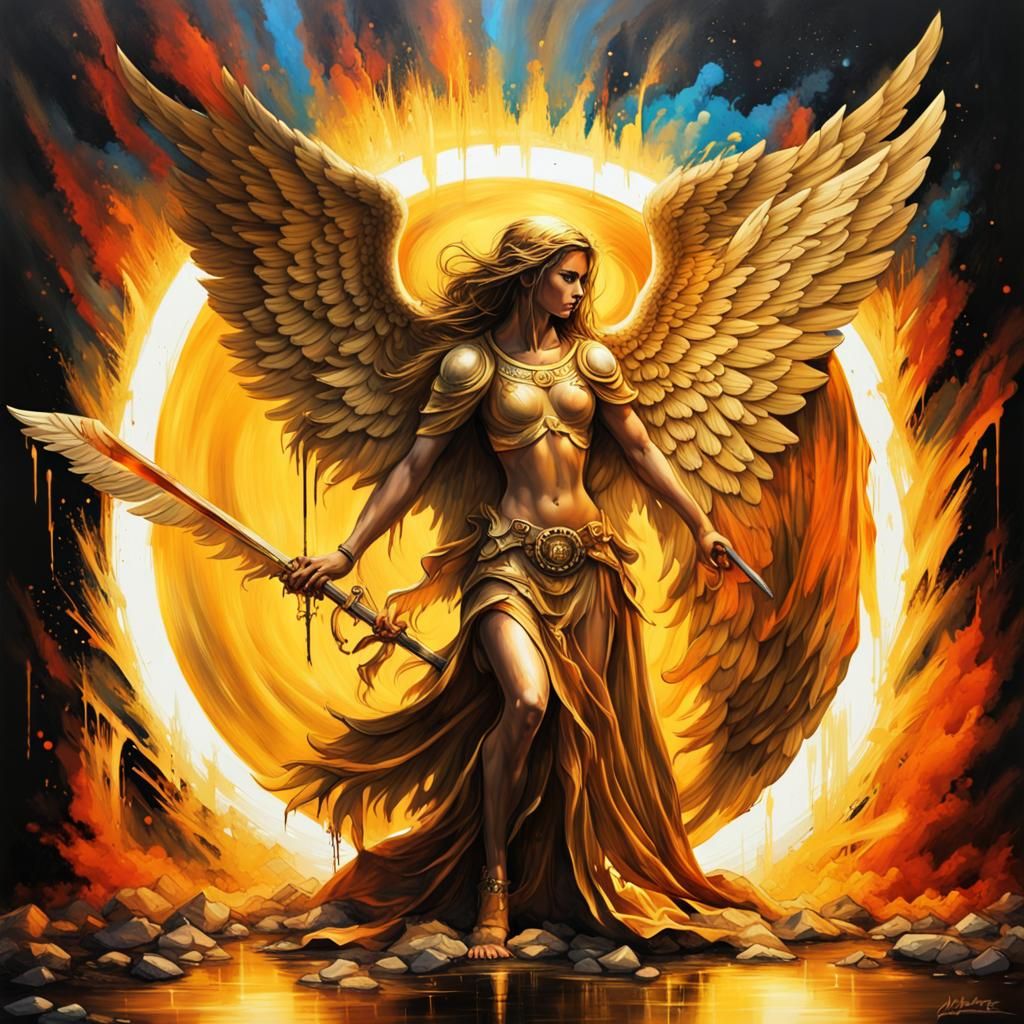 Gold Warrior Angel of the light into a circle of stone in fire burning ...