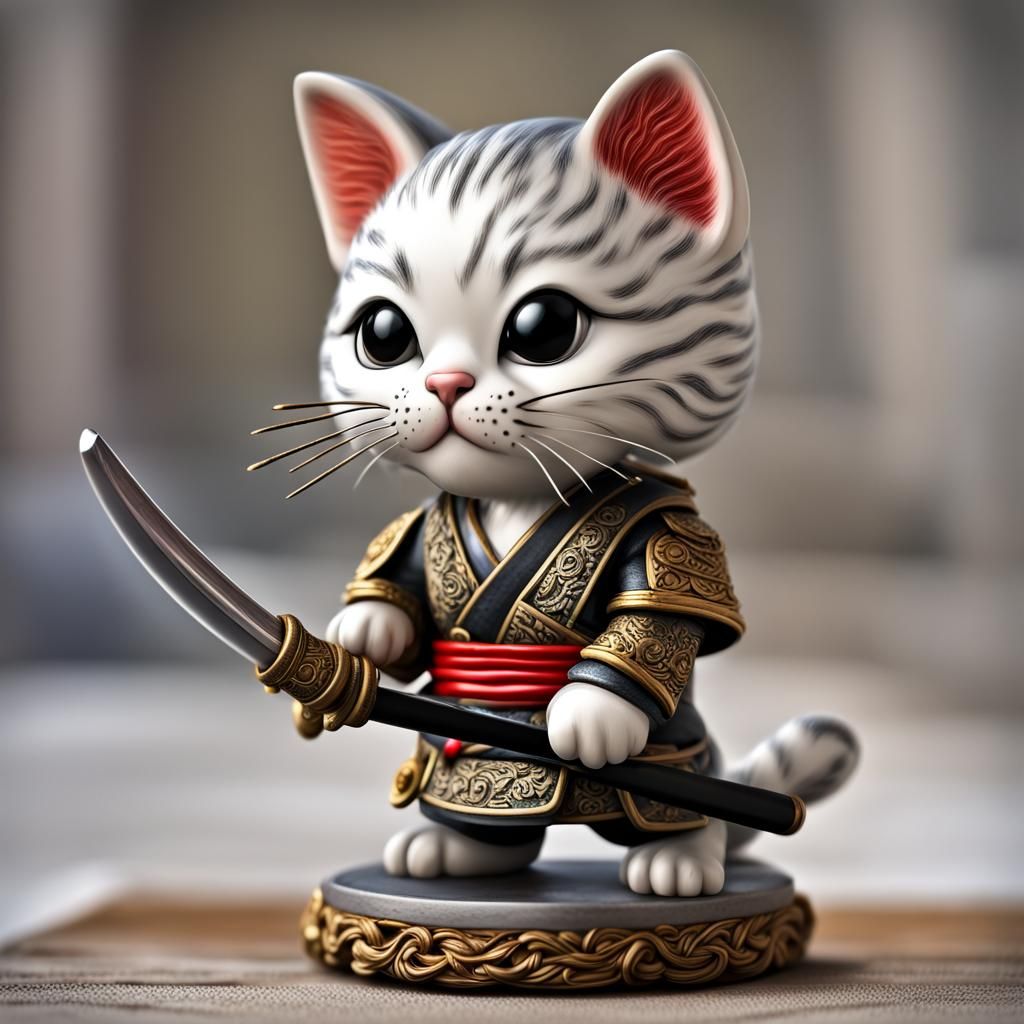 Bobblehead of Samurai Kitten with katana, cute, adorable, whimsical ...