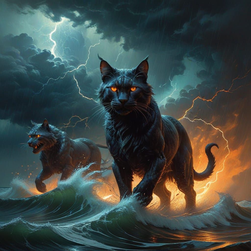 cats of wrath - Dark Fantasy Felines in Turbulent Storm