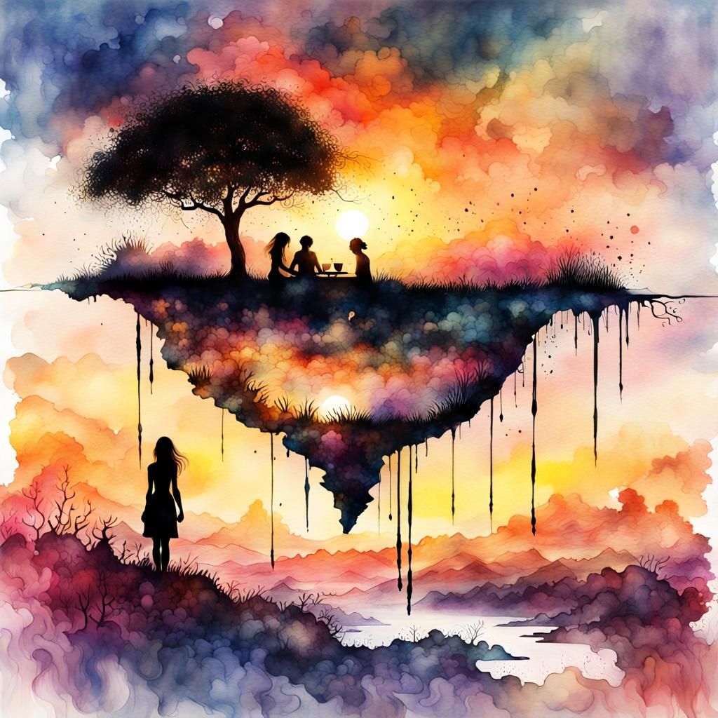 "Silhouette Pie Digital watercolor Illustration of a SummerScape sunset ...