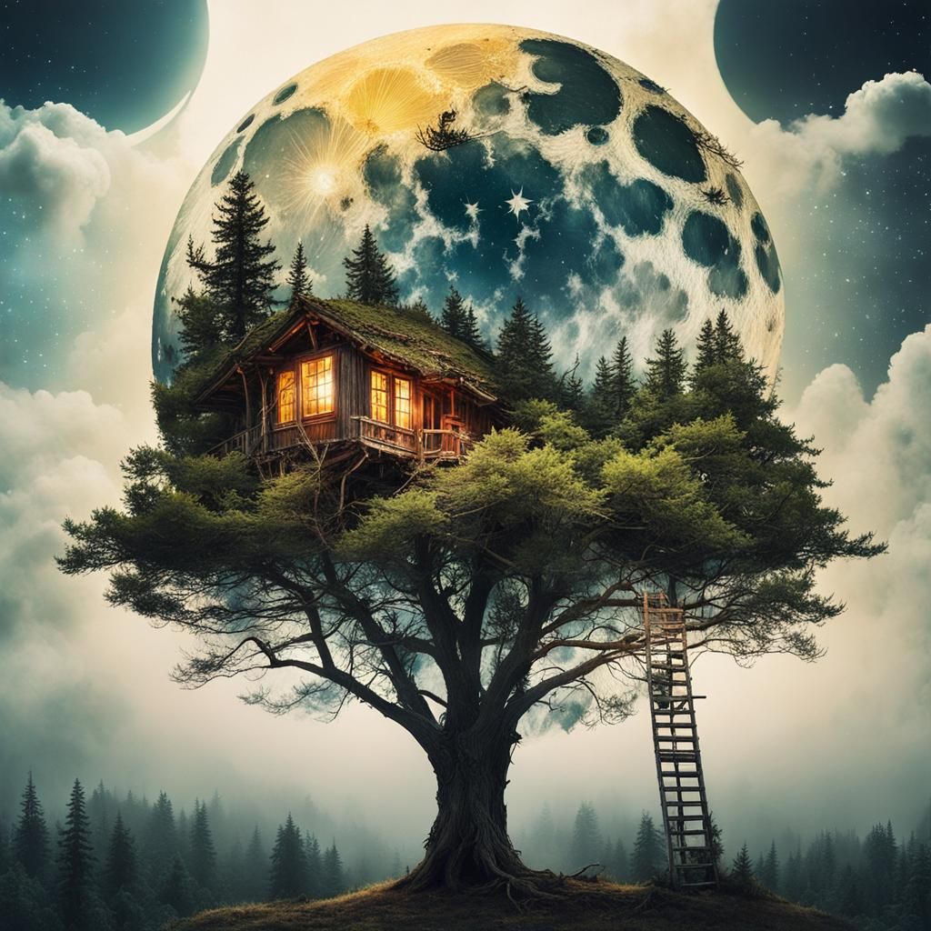 Treehouse - Ethereal Cosmic Scene of Moon and Forest