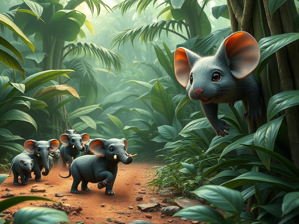 3D digital art. Tiny miniature elephants running away from a Giant cute ...