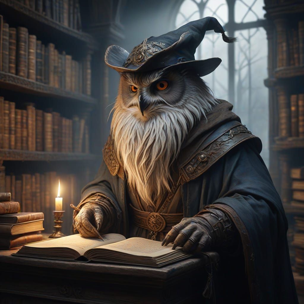 Wizard teacher - Sage Owl Wizard in a Hidden Library of Anci...