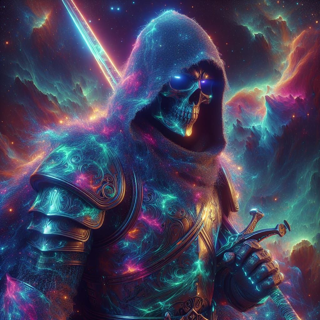 hooded skeleton knight with fluorescent colored nebula armor sword