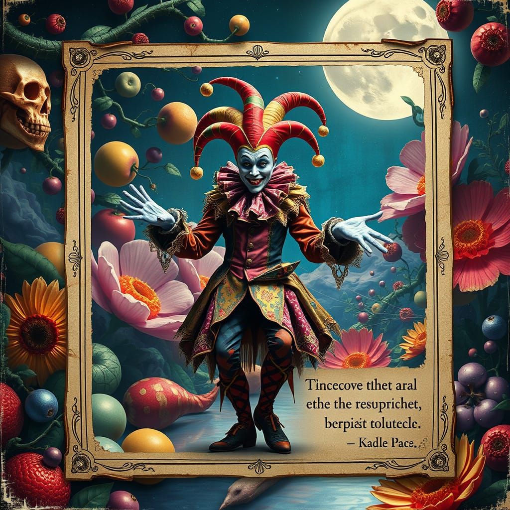 Vibrant Jester in Dreamlike Landscape Performs Opt... - AI Art