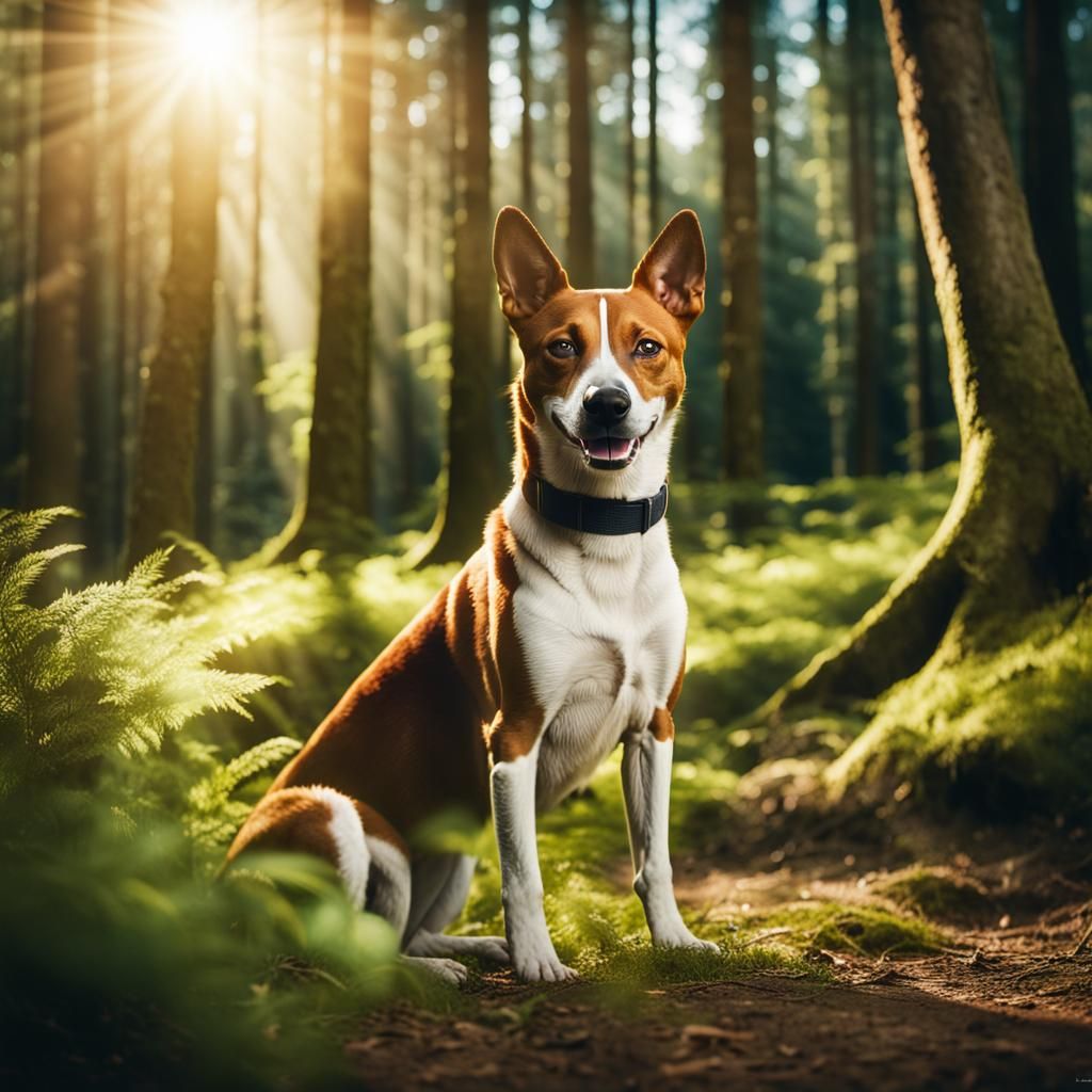 Basenji is sitting in the rays of the sun, a smile on his face, a green ...