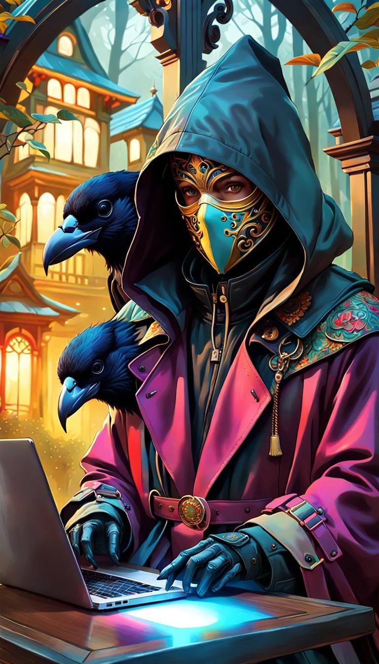 Mysterious figure is typing on laptop while carrying crows - AI ...