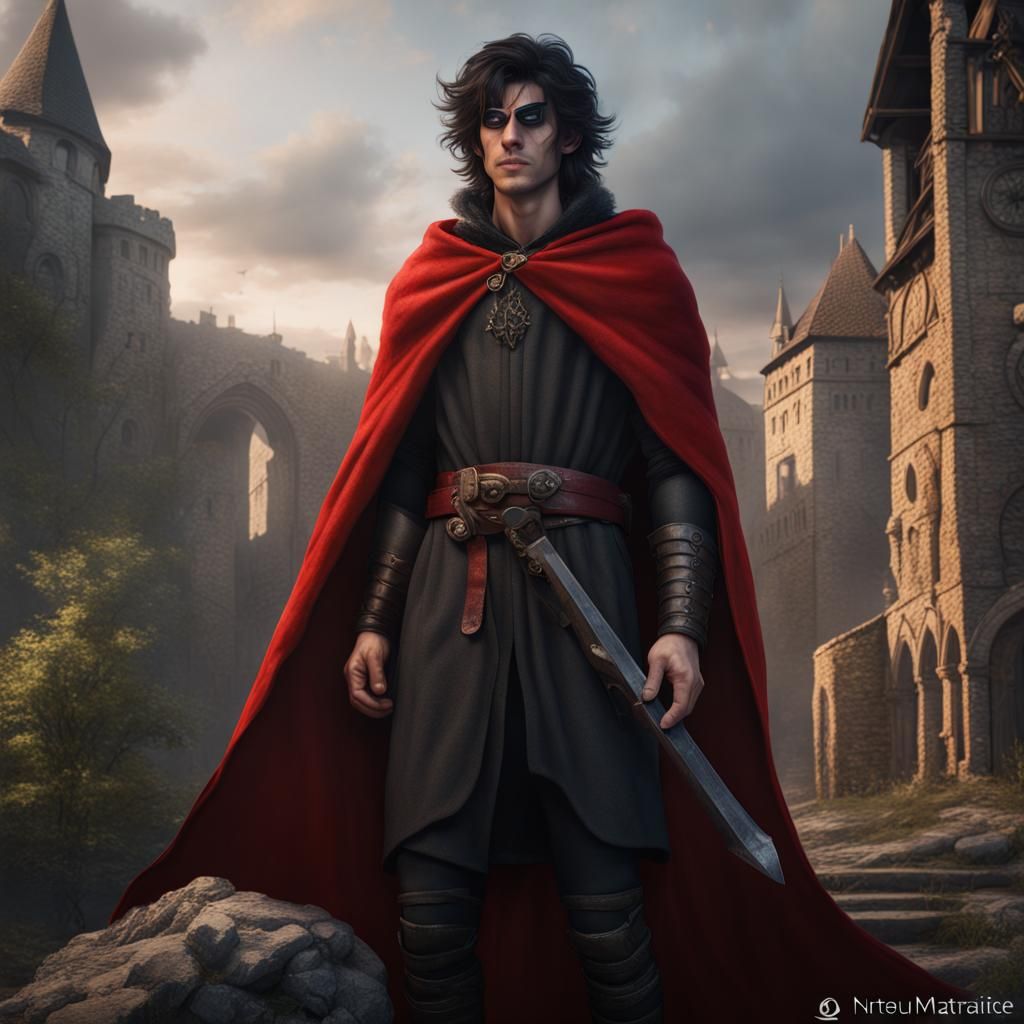 medieval tall young man with shaggy black hair and an eyepatch over his ...