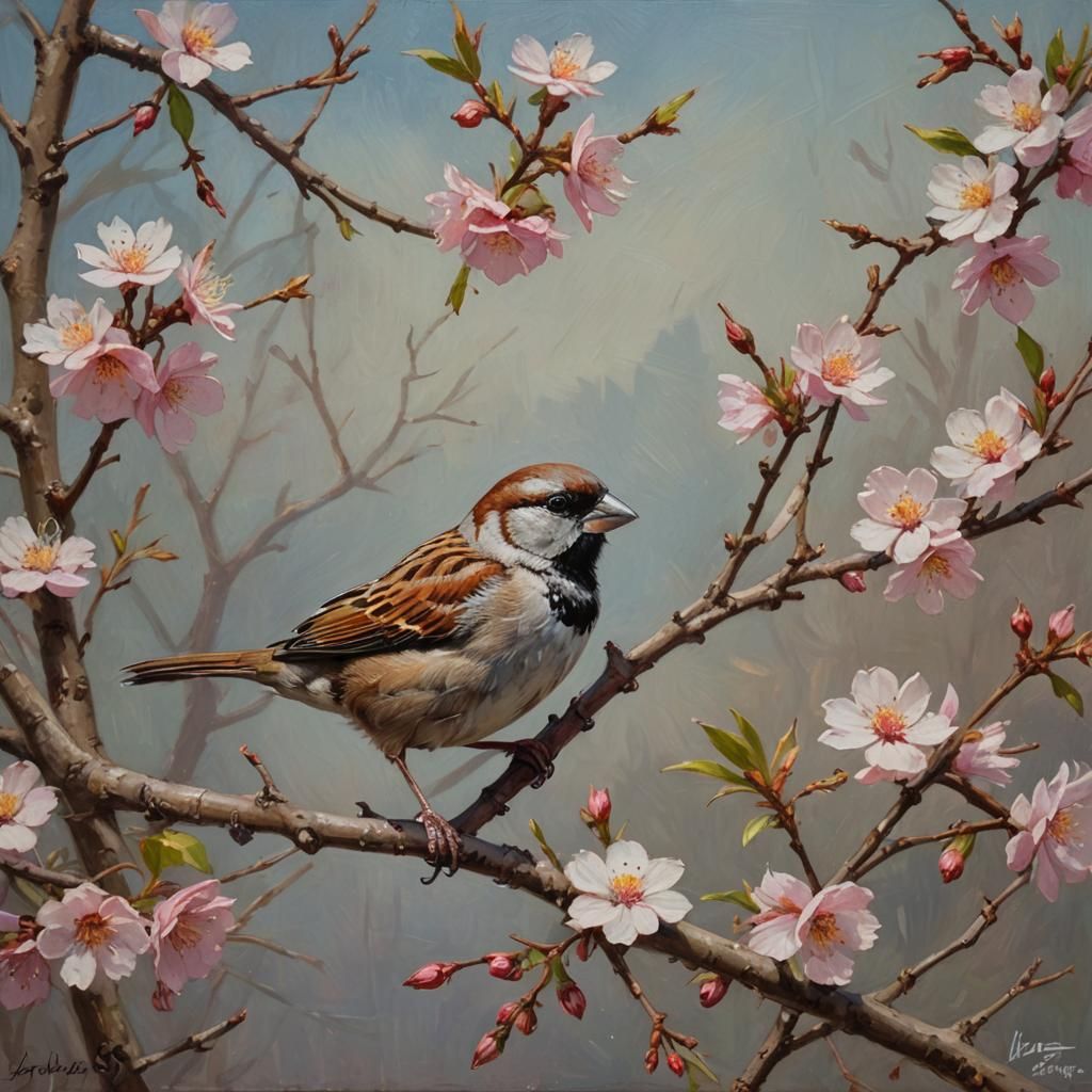 Cute house sparrow sitting on a flowery branch - AI Generated Artwork ...