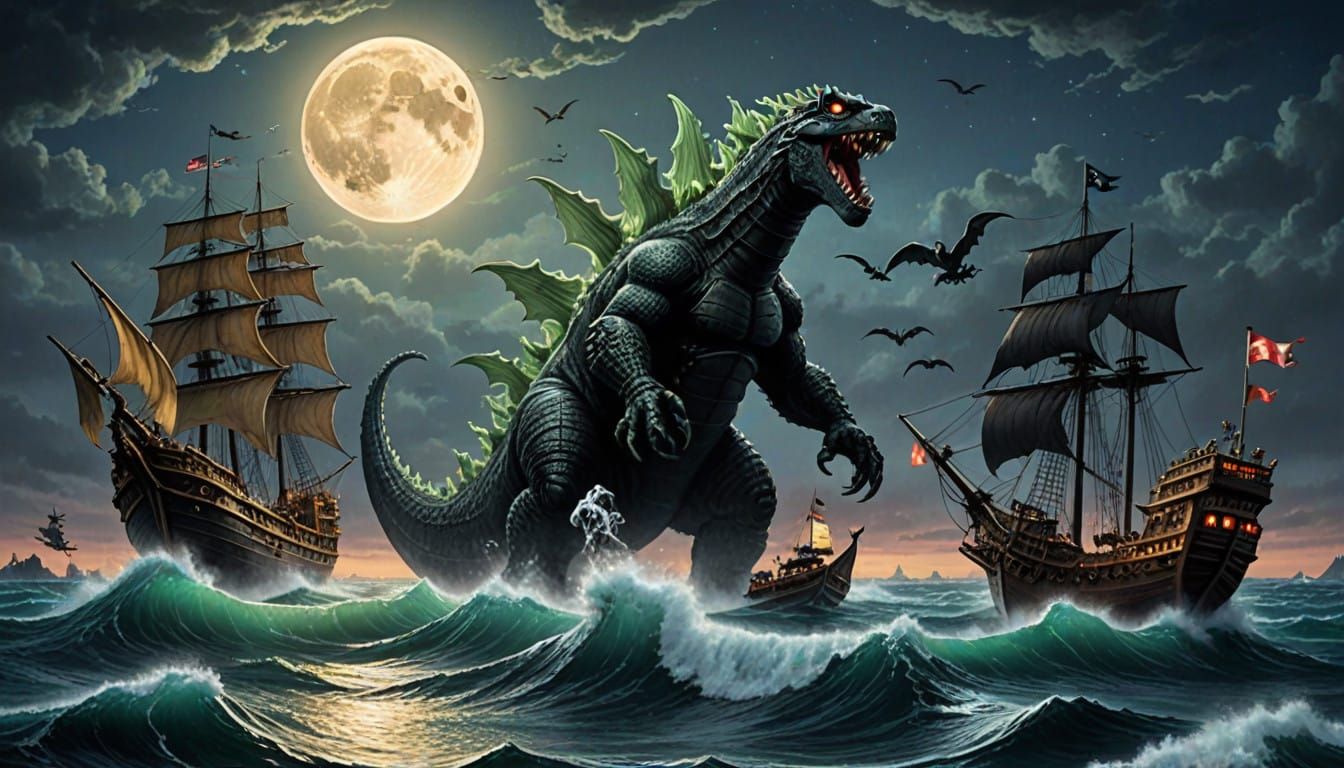 Godzilla and Cthulhu Pose on Pirate Boat Under Sta... - AI Art