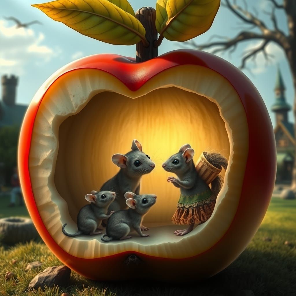 A family of mice living inside a giant apple.