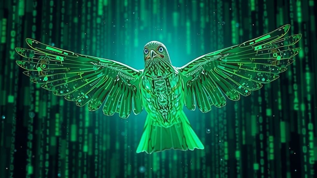 cyborg-bird transparent epoxy glass bird made of matrix code