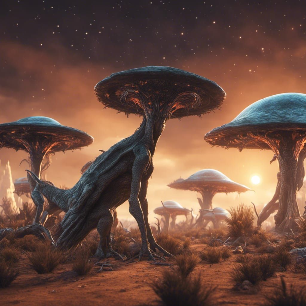 Alien population, alien landscape, incandescent, glowing alien flora ...