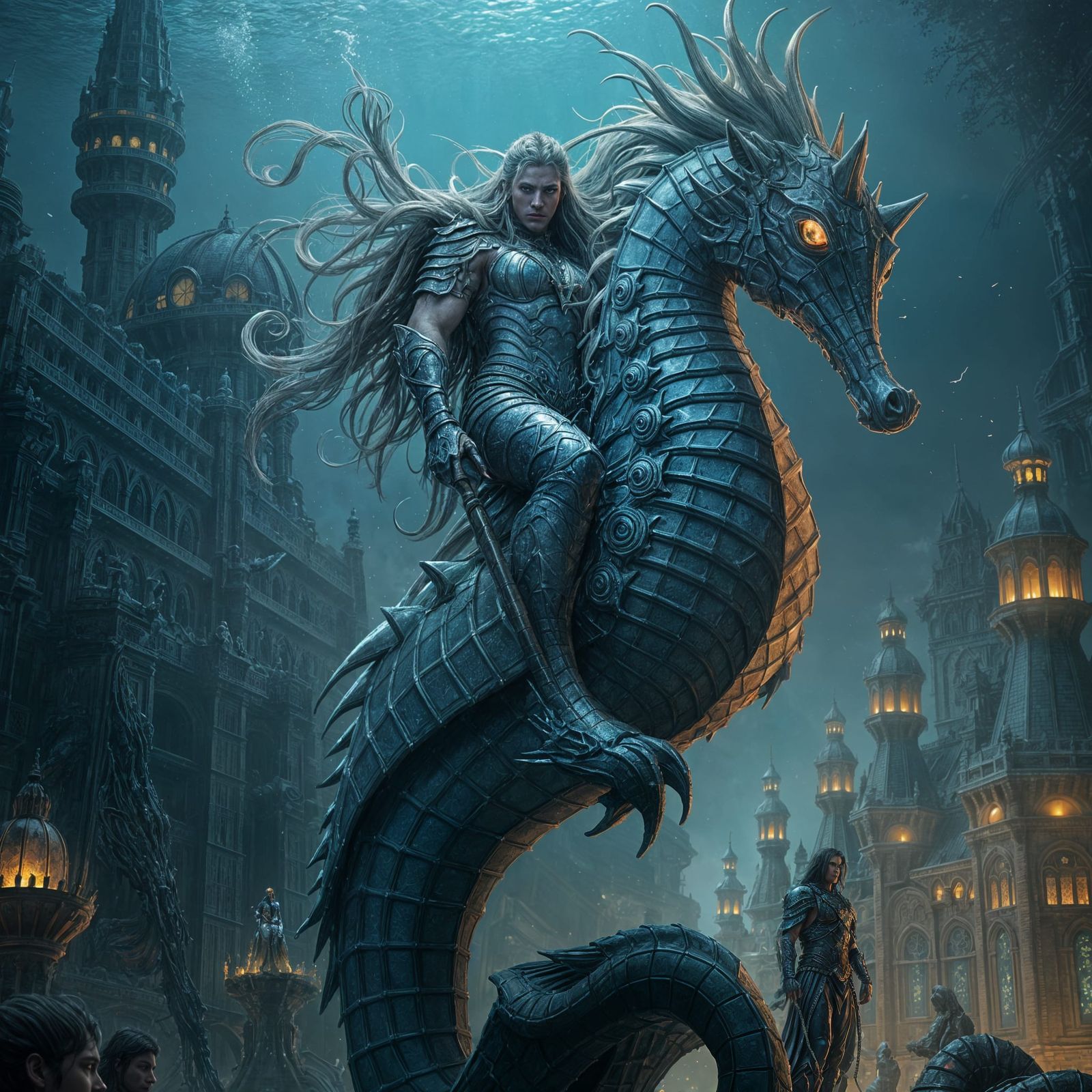 Merman Warrior on Armored Seahorse, Hyperrealistic... - AI Art