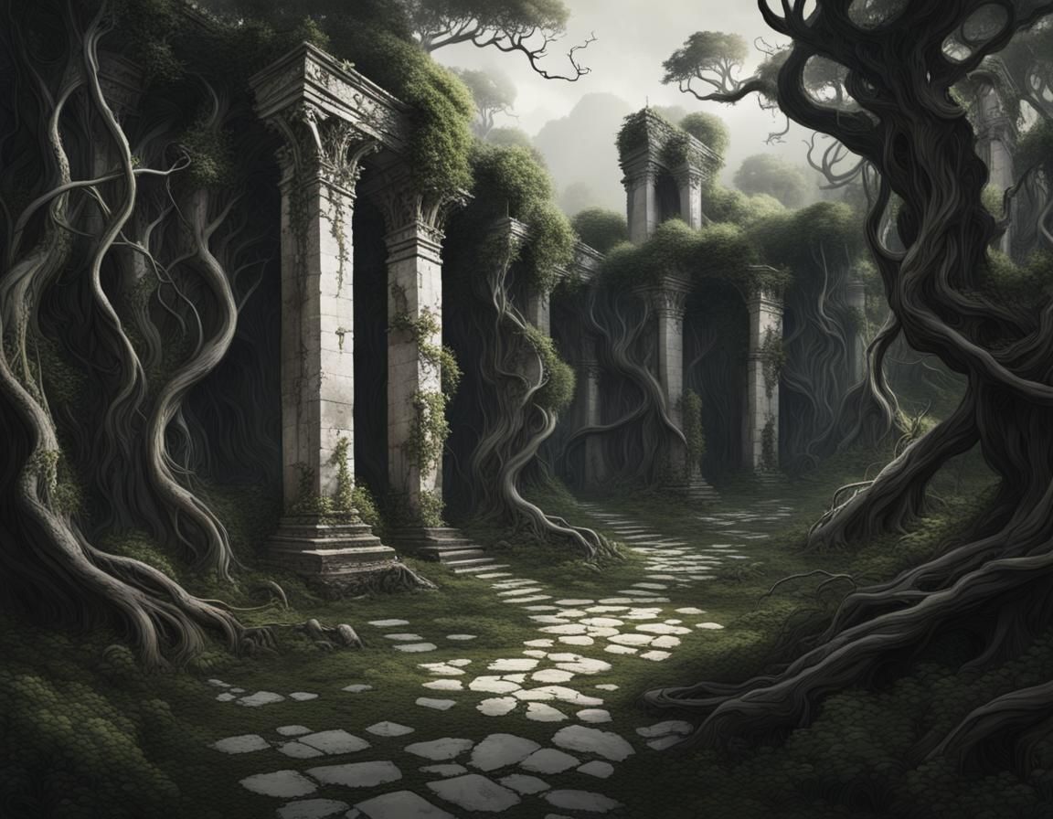 A Dark Primordial forest with Gnarled and Twisted Trees opening up to a ...