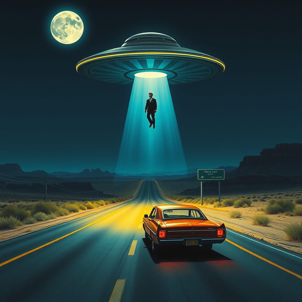 limp man flying in the beam of light of a flying saucer, car underneath