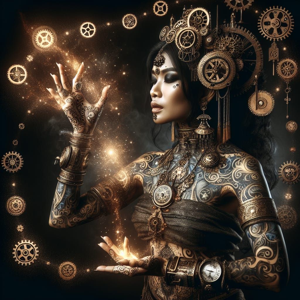 Steampunk priestess covered in clockwork tattoos calling upon the power ...
