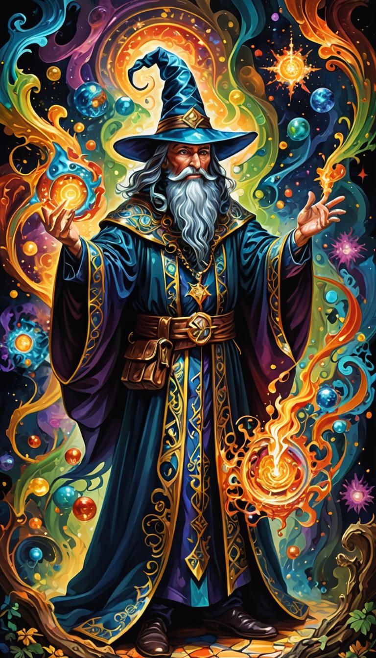 wizard magician sharing his powers, oil gouache, acrylic, high contrast ...
