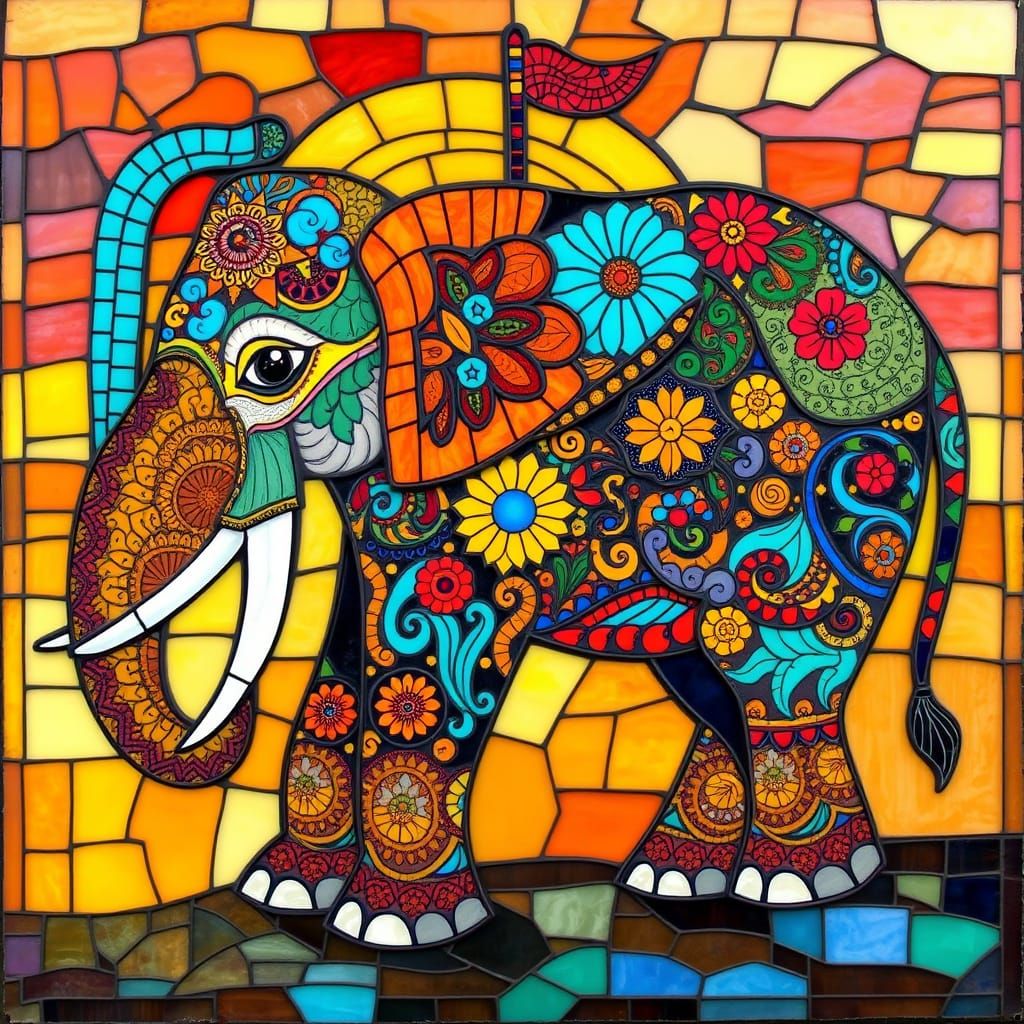 Stunning Stained Glass Circus Elephant in Indian M... - AI Art